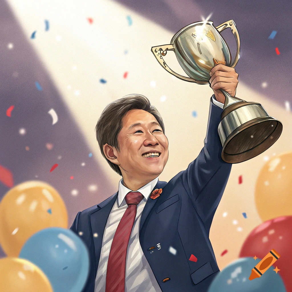 Man in a suit celebrates victory, holding a trophy aloft amid confetti ...
