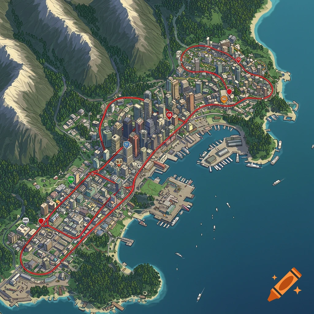 Top-down map of fictional coastal city in GTA style on Craiyon