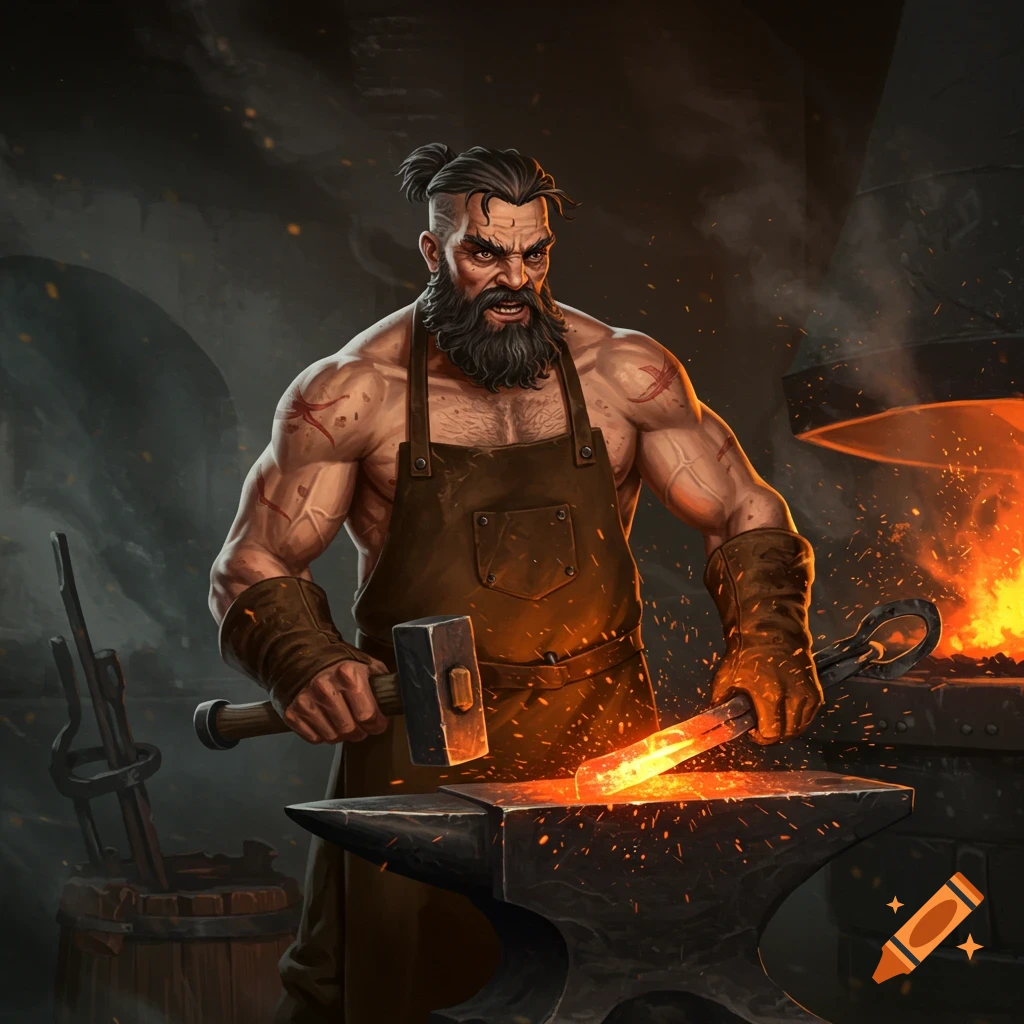 A muscular blacksmith works metal on an anvil in a forge. on Craiyon