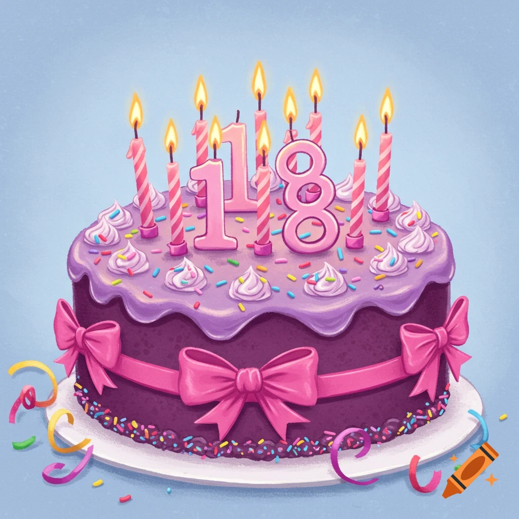 Purple birthday cake with bows, ribbons, and 18 candles on Craiyon