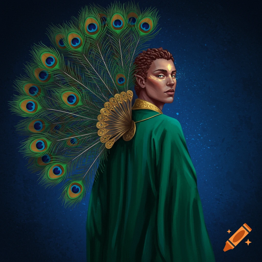 Human with peacock feather on Craiyon