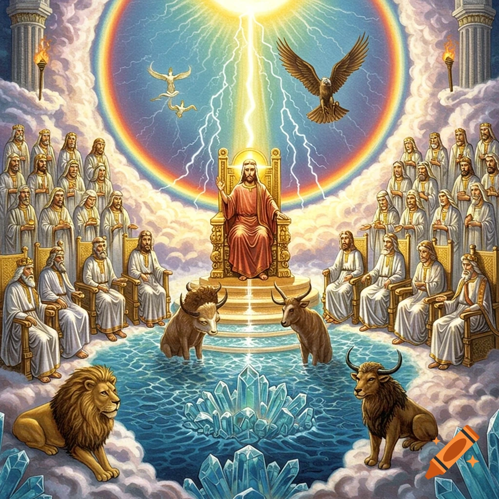 Heavenly throne room with man, rainbow, elders, and animals on Craiyon