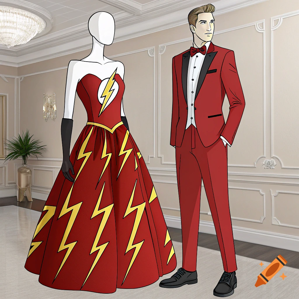 Red Barry Allen lightning bolt tuxedo and dress for prom on Craiyon