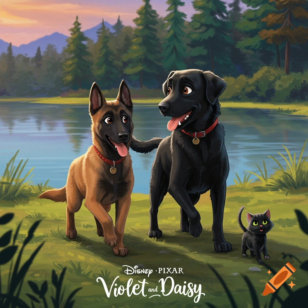 Two cartoon dogs and a cat run by a lake with a forest backdrop, Disney ...