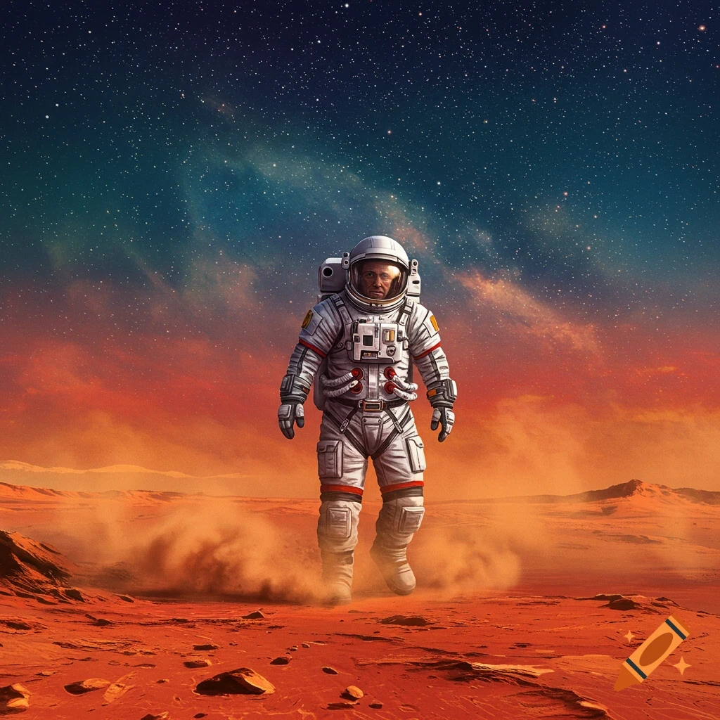 Geometric Pop Art of an astronaut walking on a red Martian landscape ...