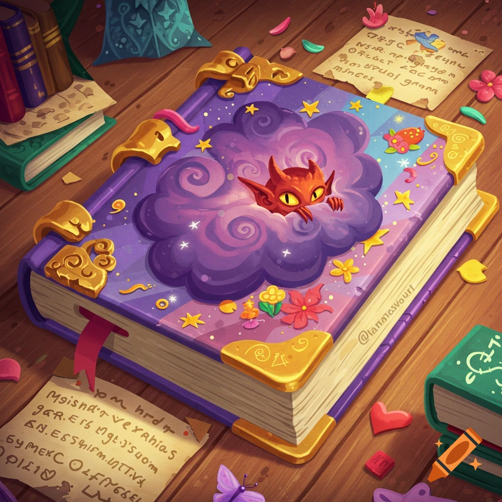 A colorful fantasy Grimoire with a red creature on the cover ...