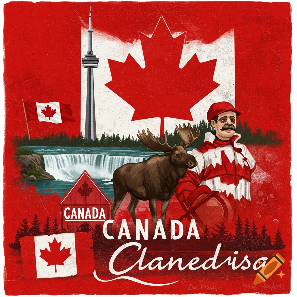 Canadian patriotic design with maple leaf, CN Tower, Niagara Falls, and ...