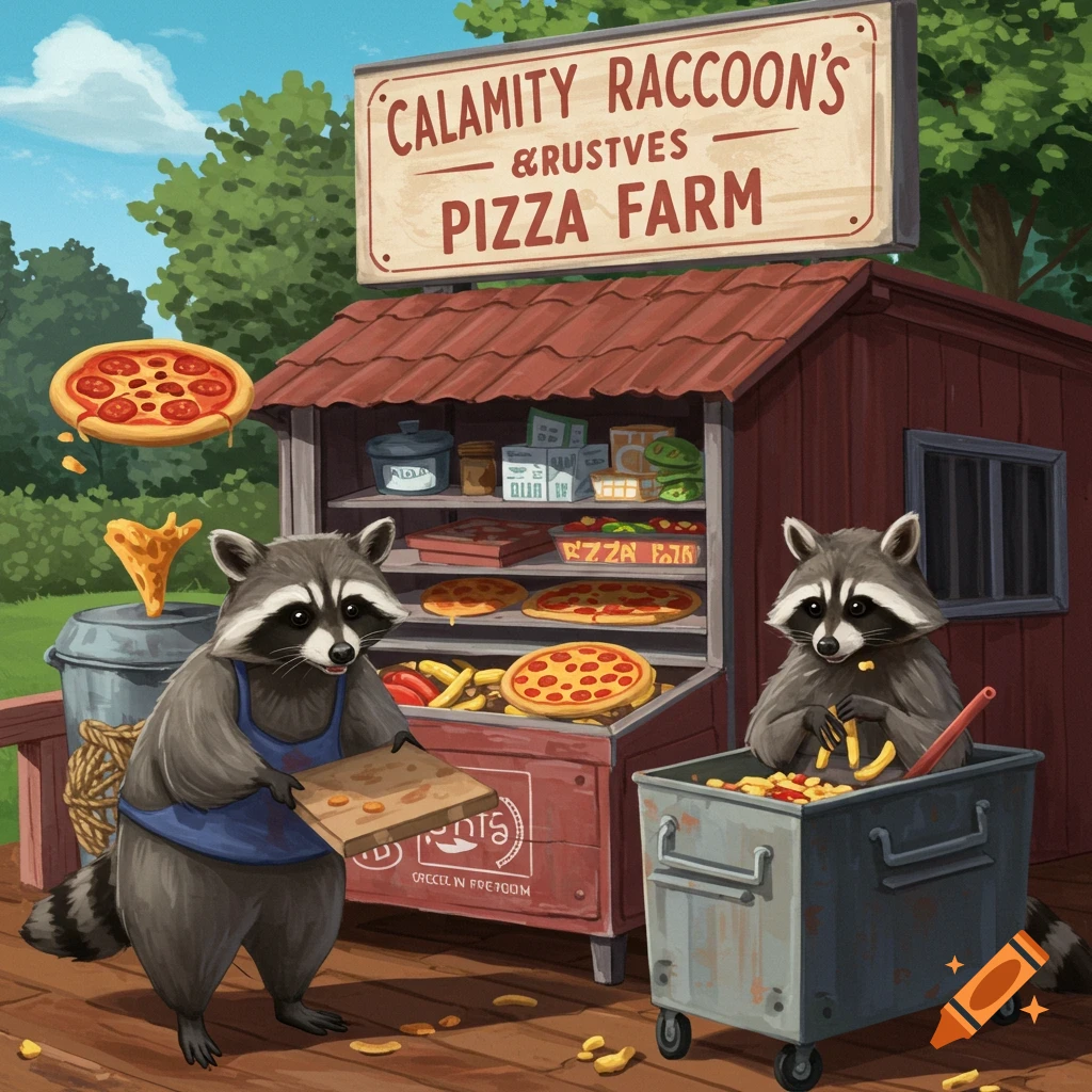 Raccoons at a pizza farm stand, one holding a pizza box, another in a ...
