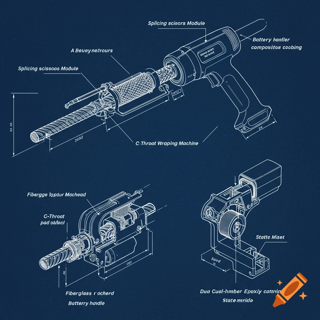 Blueprint-style sketch of a composite rebar splicing system on Craiyon