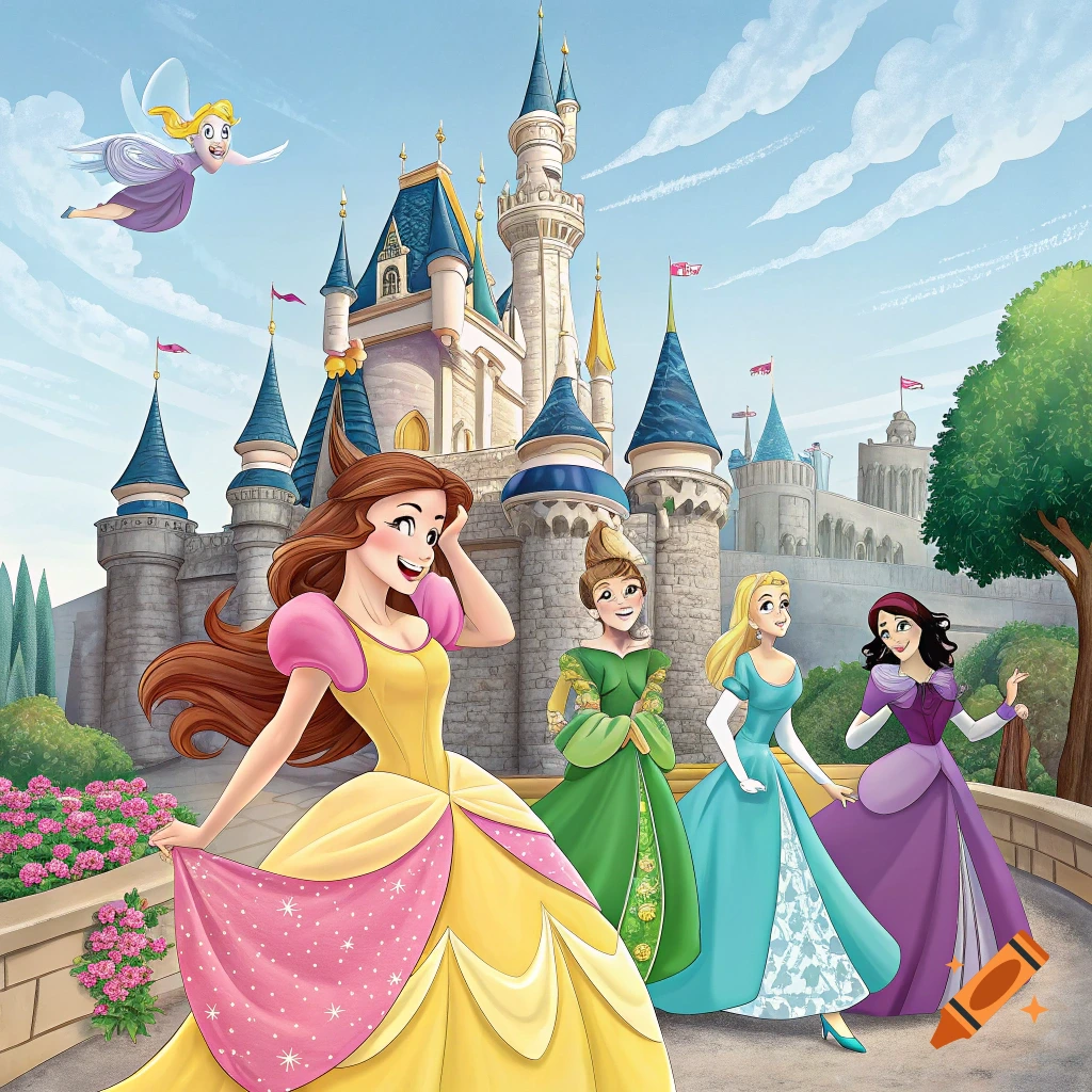 Four princesses and a fairy walk in front of a large castle in a ...
