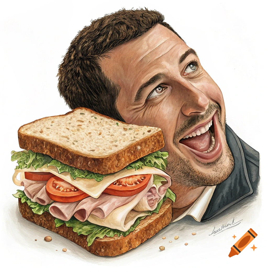 Caricature of Adam Sandler smiling widely behind a large sandwich. on ...