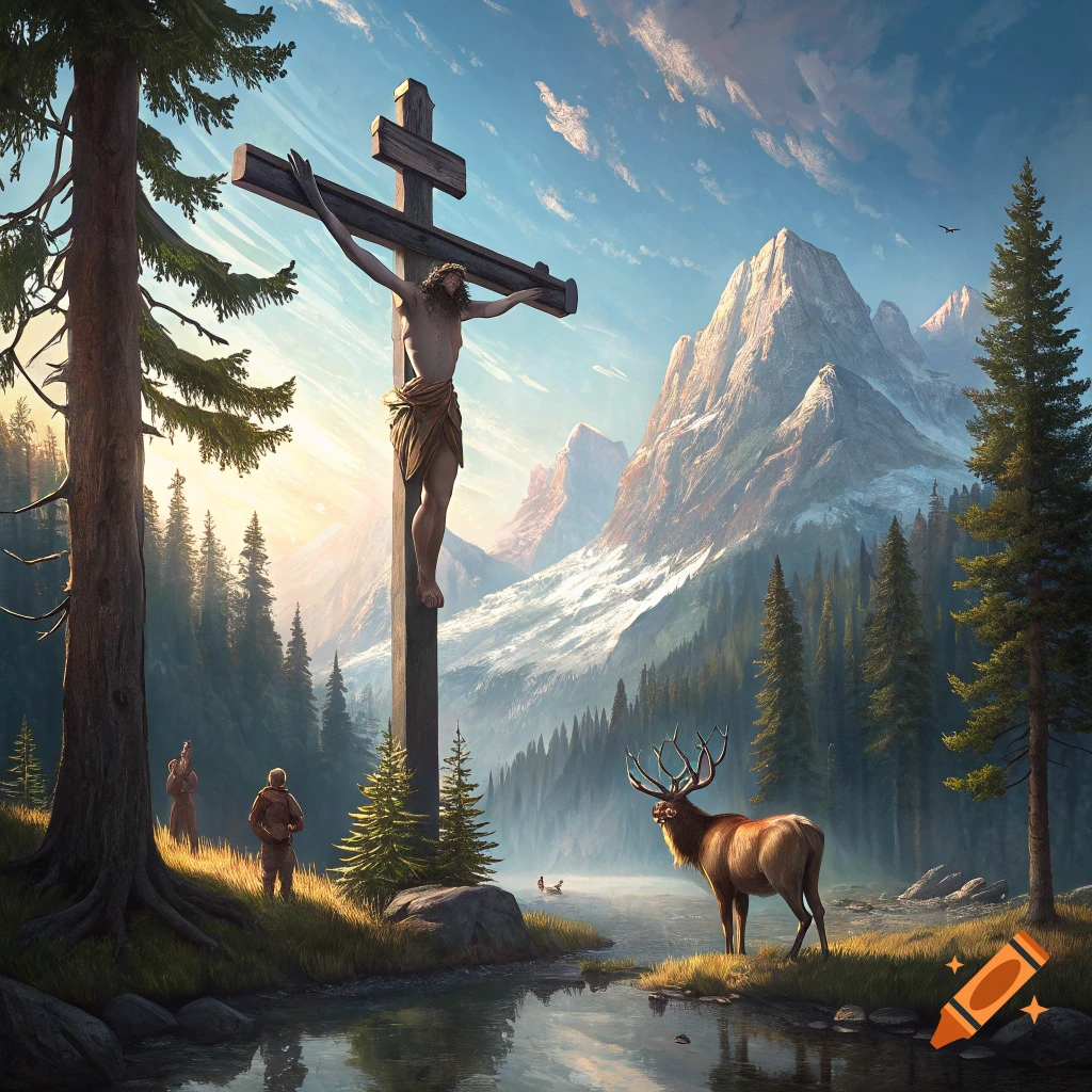 Jesus on the cross with mountains, trees, and elk antlers on Craiyon
