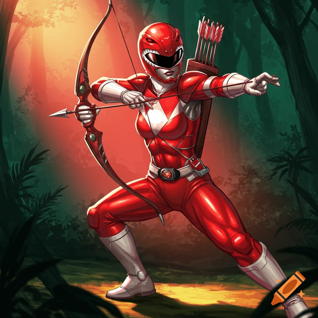 Pink Power Ranger drawing her bow and arrow in a control room, comic ...