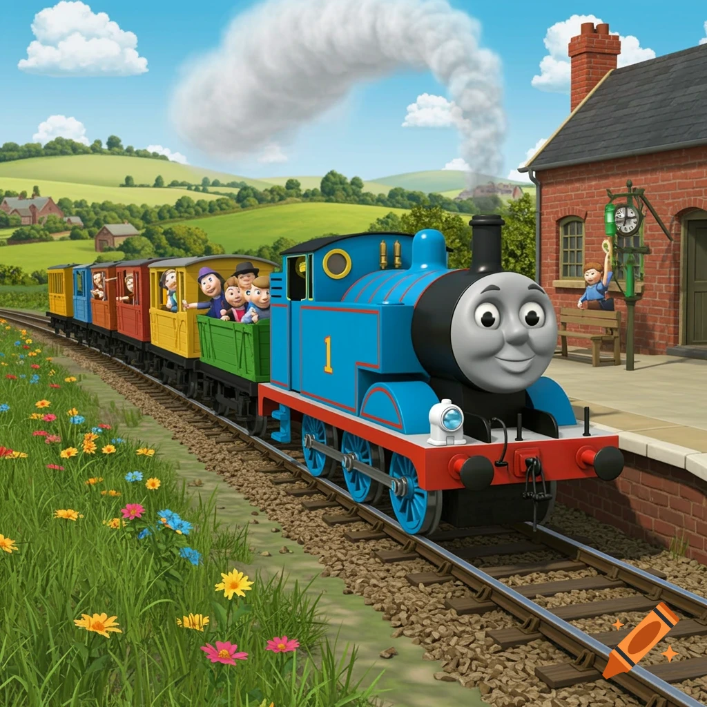 Thomas the Tank Engine smiling and steaming down train tracks past a station in a sunny, green ...