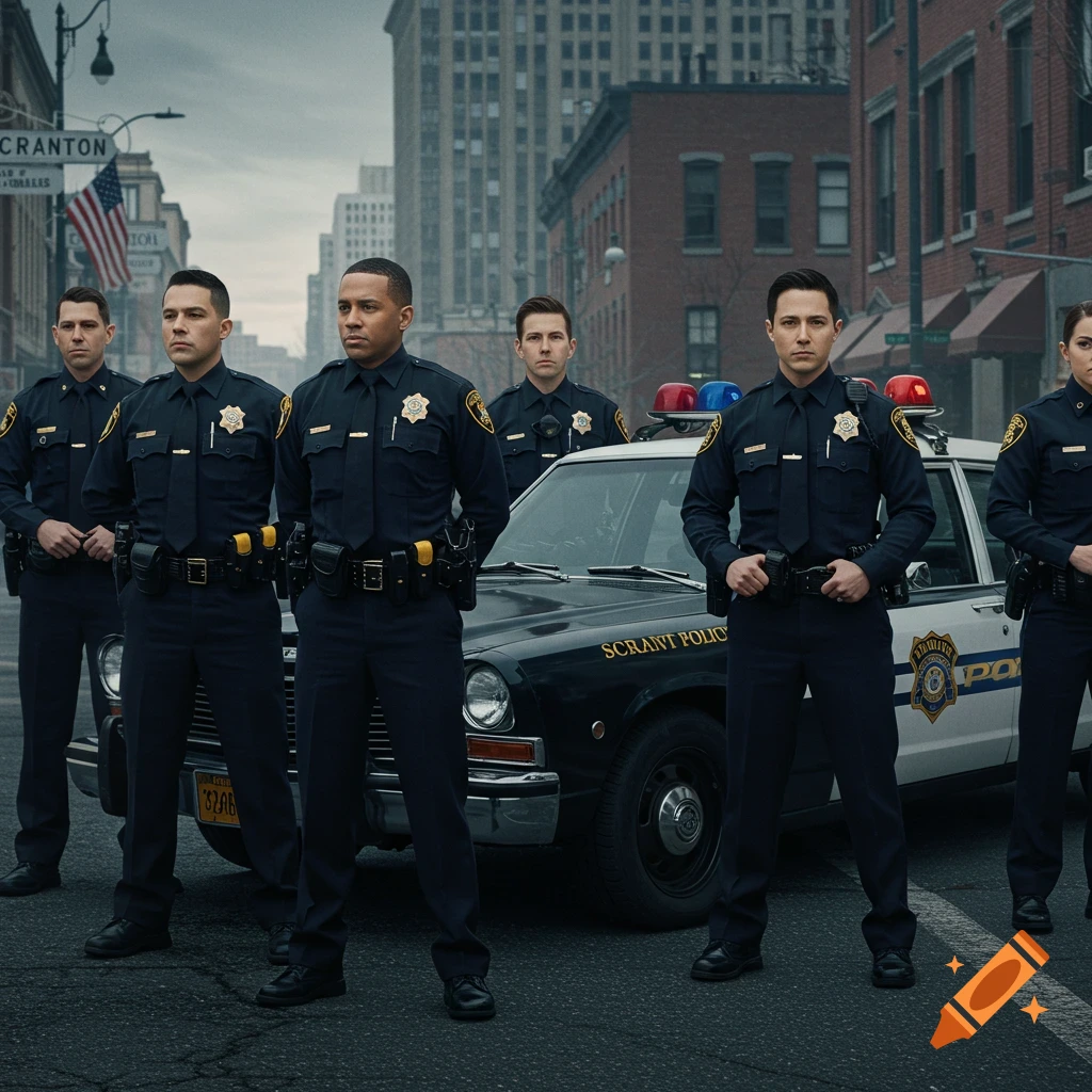 Several police officers stand in front of a police car on a city street ...