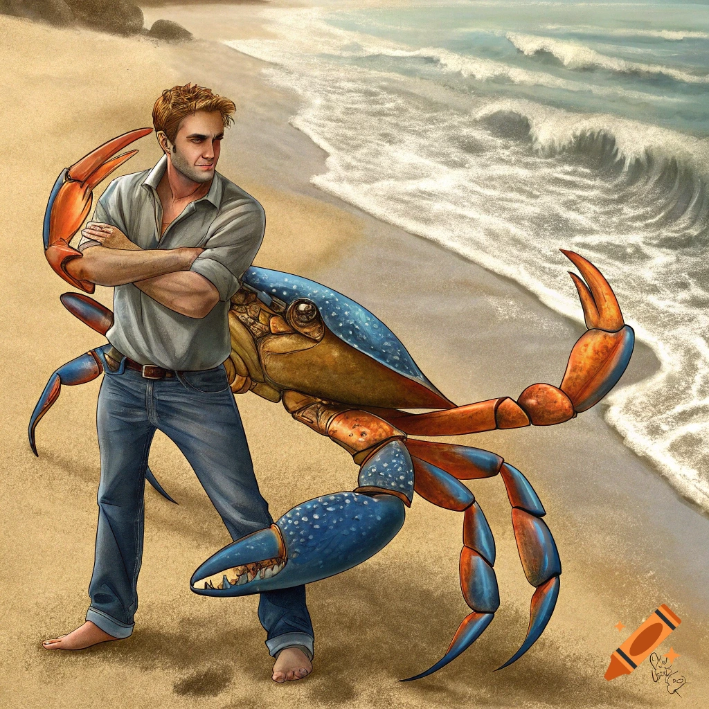 Digital illustration of a hermit crab with a human face emerging from ...