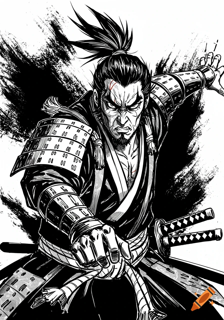 Black and white manga illustration of an angry samurai in a dynamic ...