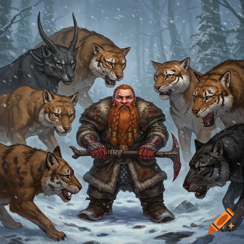 Brave dwarf hunter facing hostile animals in winter tundra on Craiyon