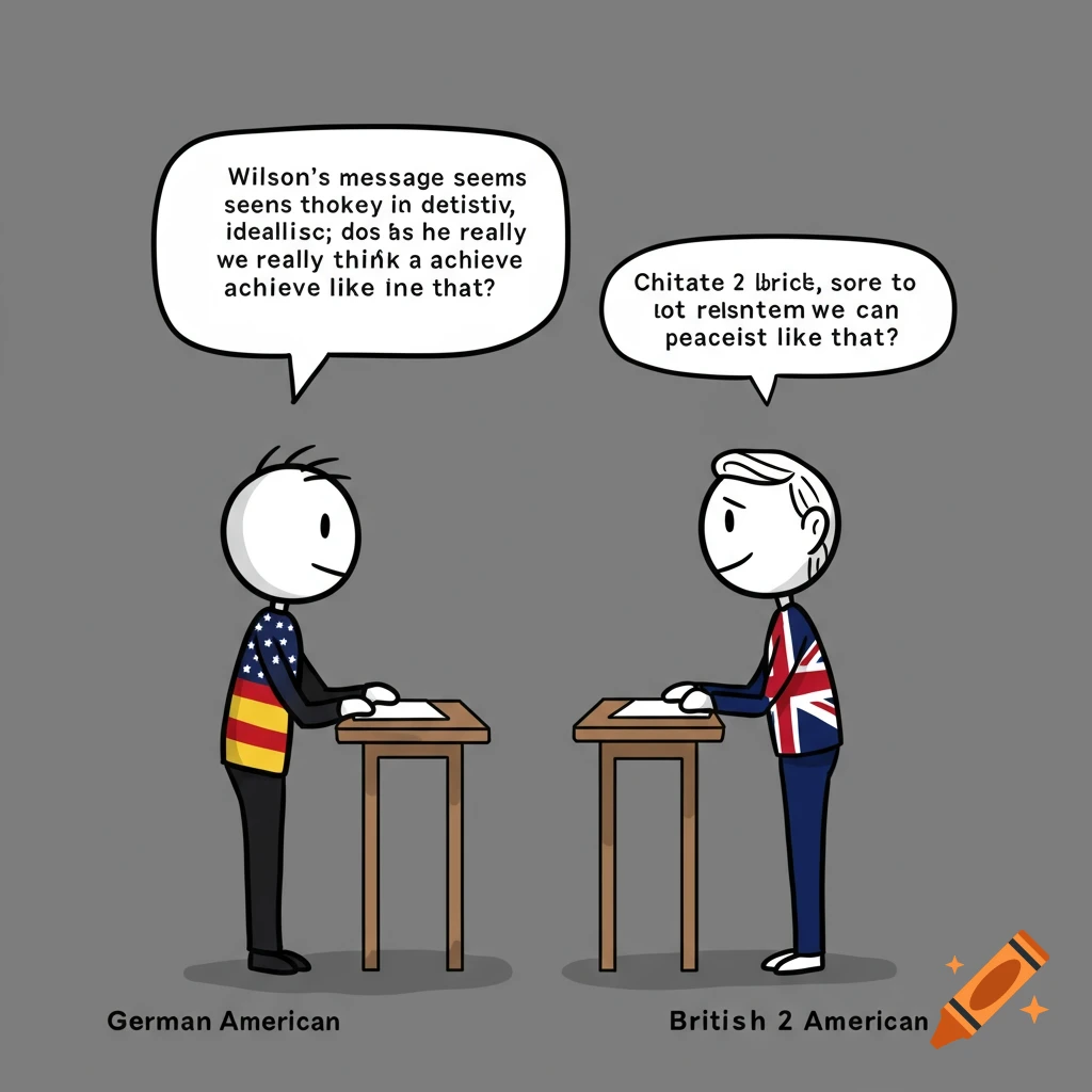 Stick figures of German American and British American discussing Wilson ...