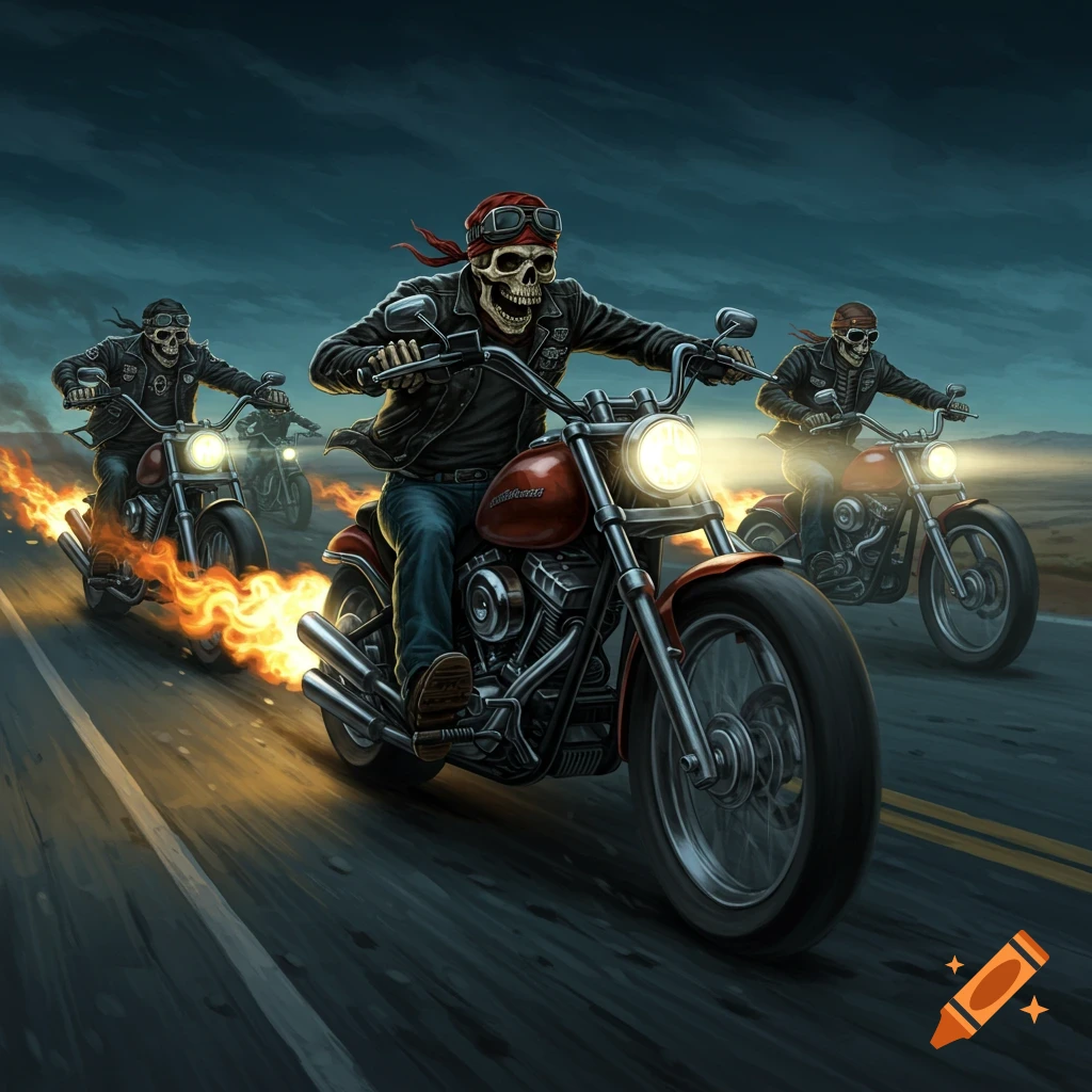 Three skeleton bikers ride motorcycles with flaming exhausts down a ...