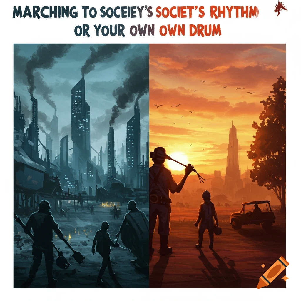 Artistic depiction of a split scene: dystopian urban landscape vs warm ...