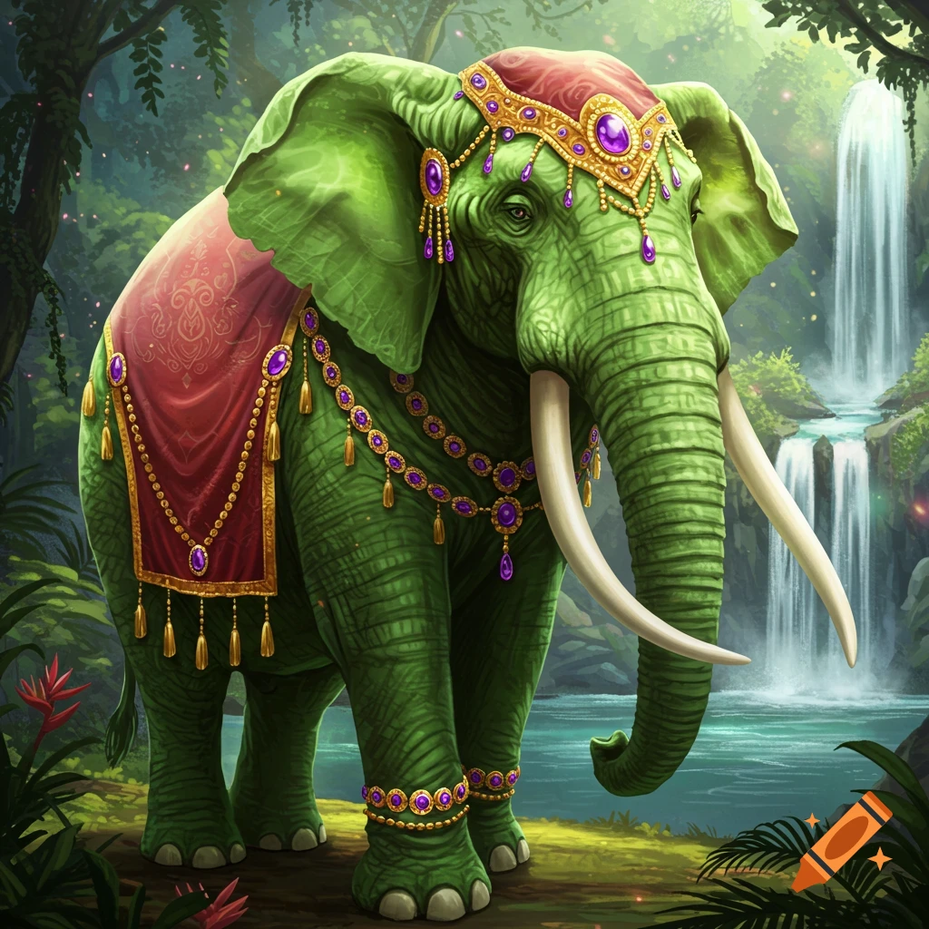 Fantasy style green elephant in regal bejeweled drapings on Craiyon