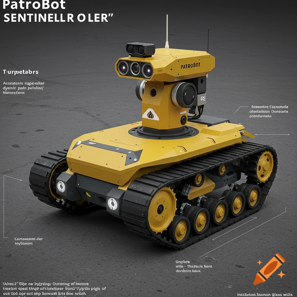 A yellow tracked robot with a rotating turret is shown on a gray ...