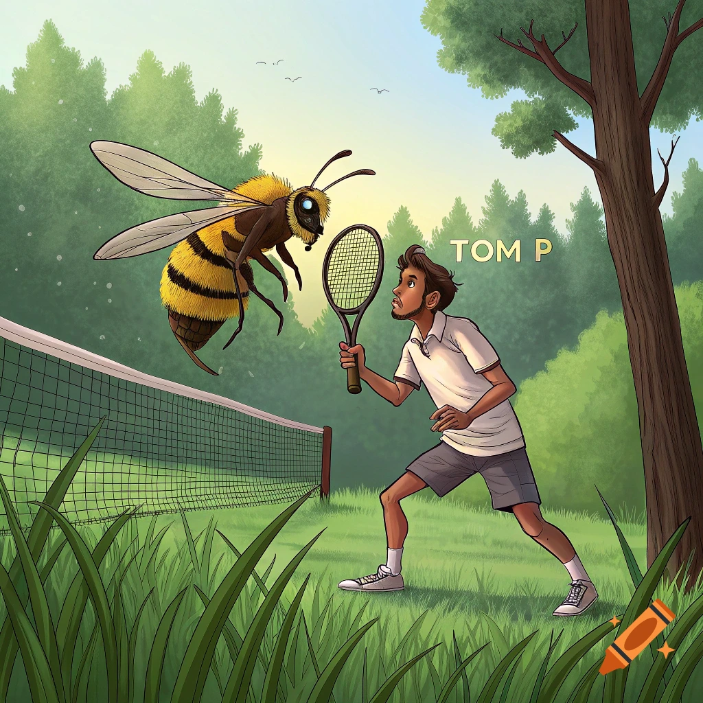 Illustration of a large bee facing off against a man with a tennis ...