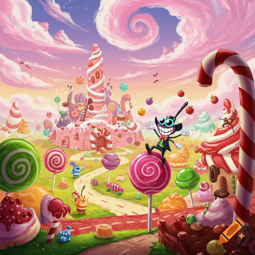 Cartoon candy characters celebrating at a colorful party with lollipops ...