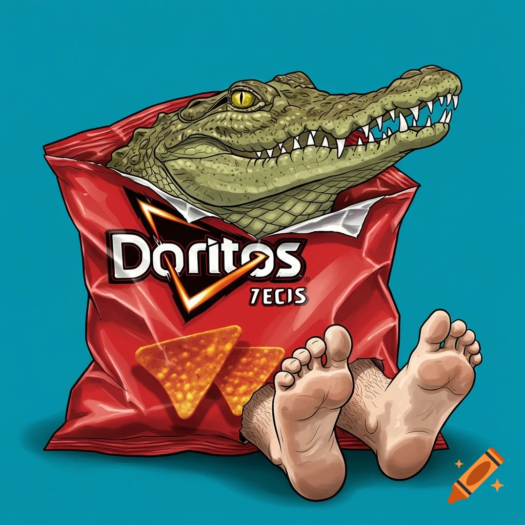 Crocodile head in Dorito bag with cat tail and hairy human feet on Craiyon