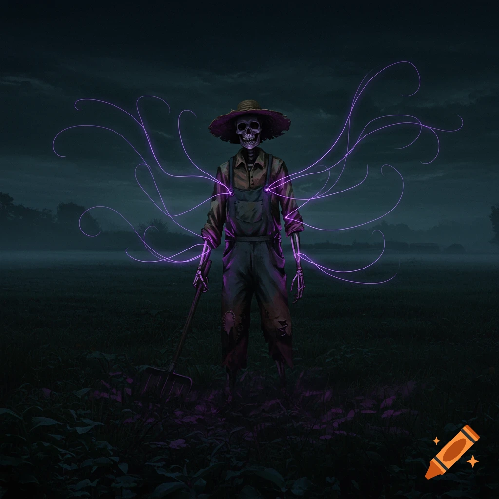 Skeleton in ragged farmer clothes on farmland at night with purple ...