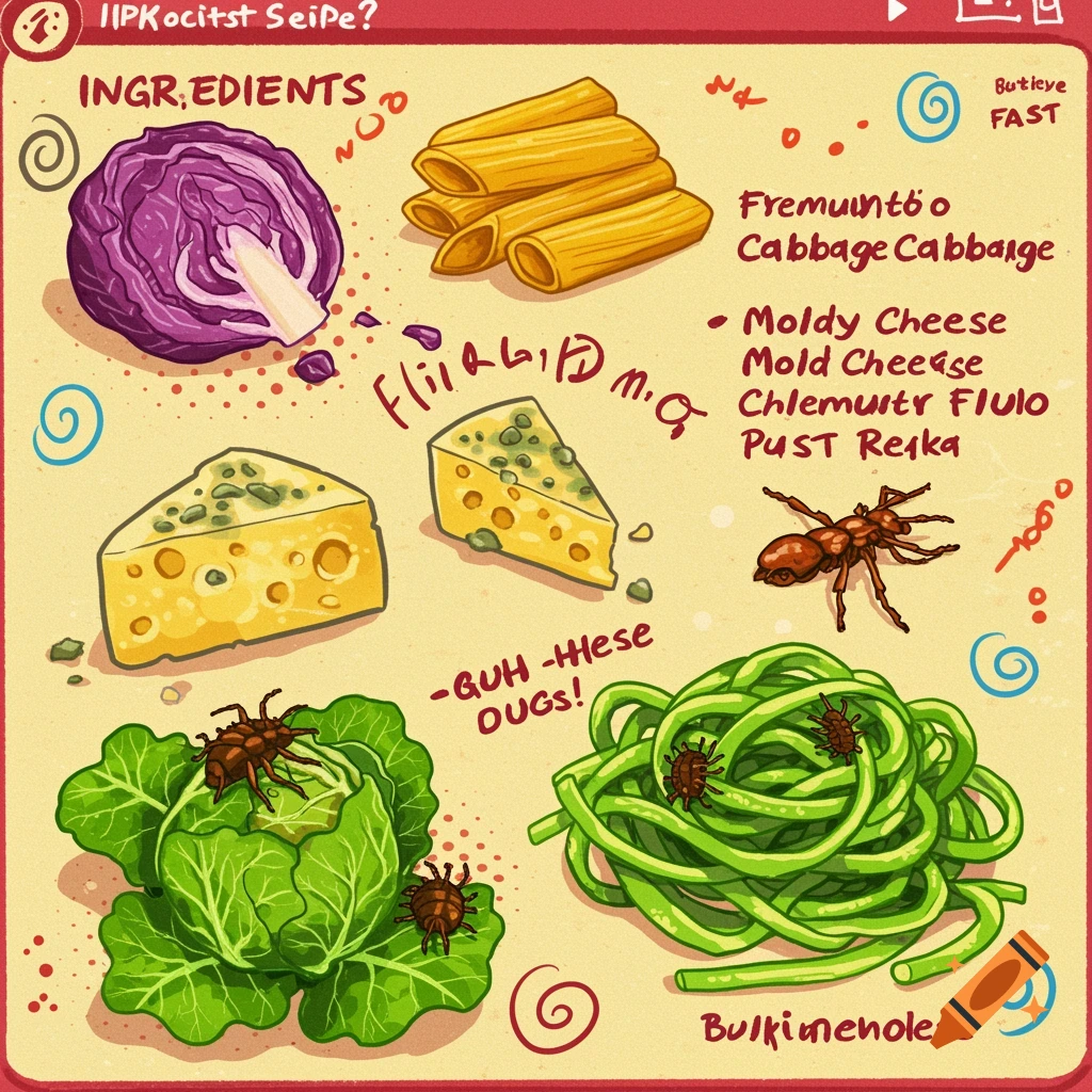 Pasta recipe screenshot with gross ingredients on Craiyon