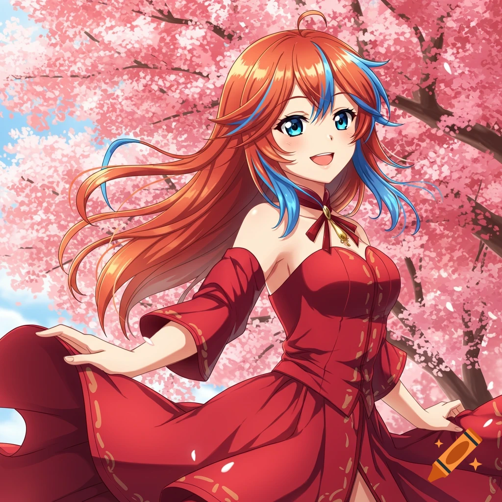 Anime girl with ginger hair, blue stripes, and red dress on Craiyon