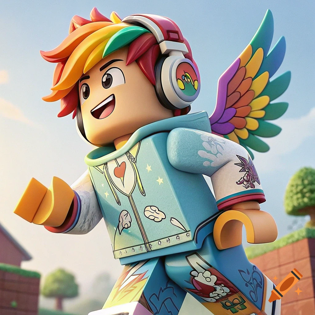 A Roblox-style character with rainbow hair, headphones, and rainbow ...