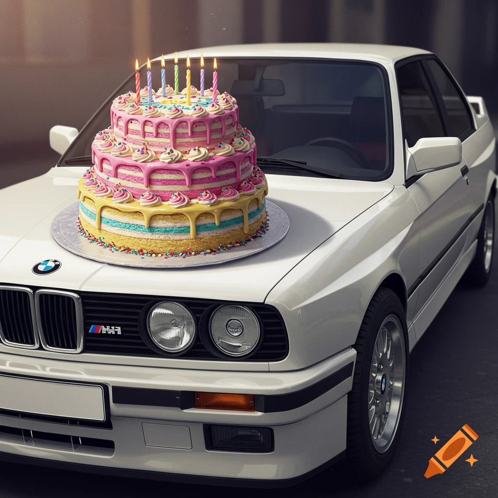Birthday cake on a white BMW E30 M3 on Craiyon