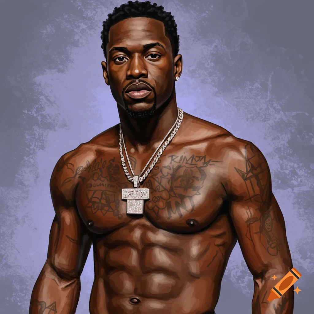 A muscular Black man with tattoos and chains. on Craiyon