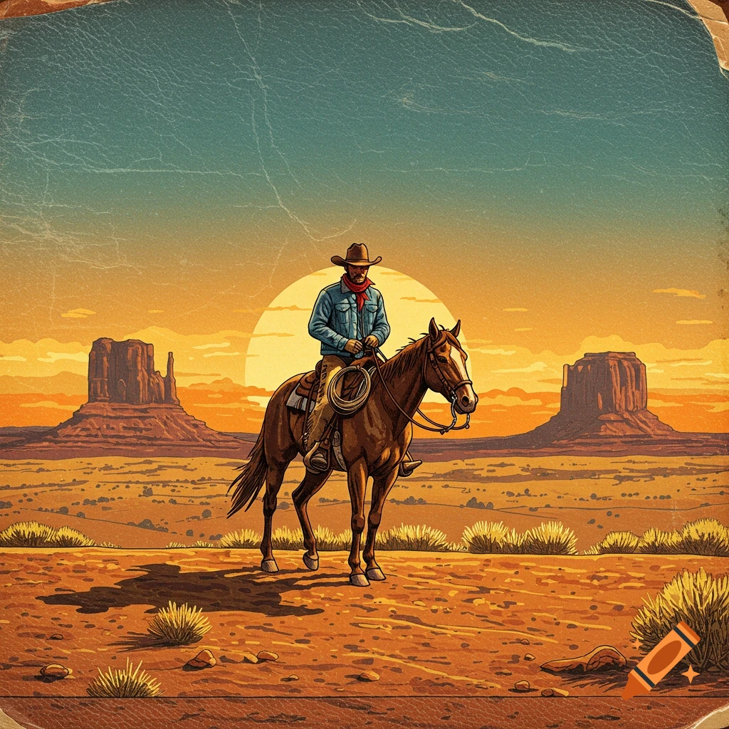 A cowboy stands in a desert landscape holding a pistol with a drone ...