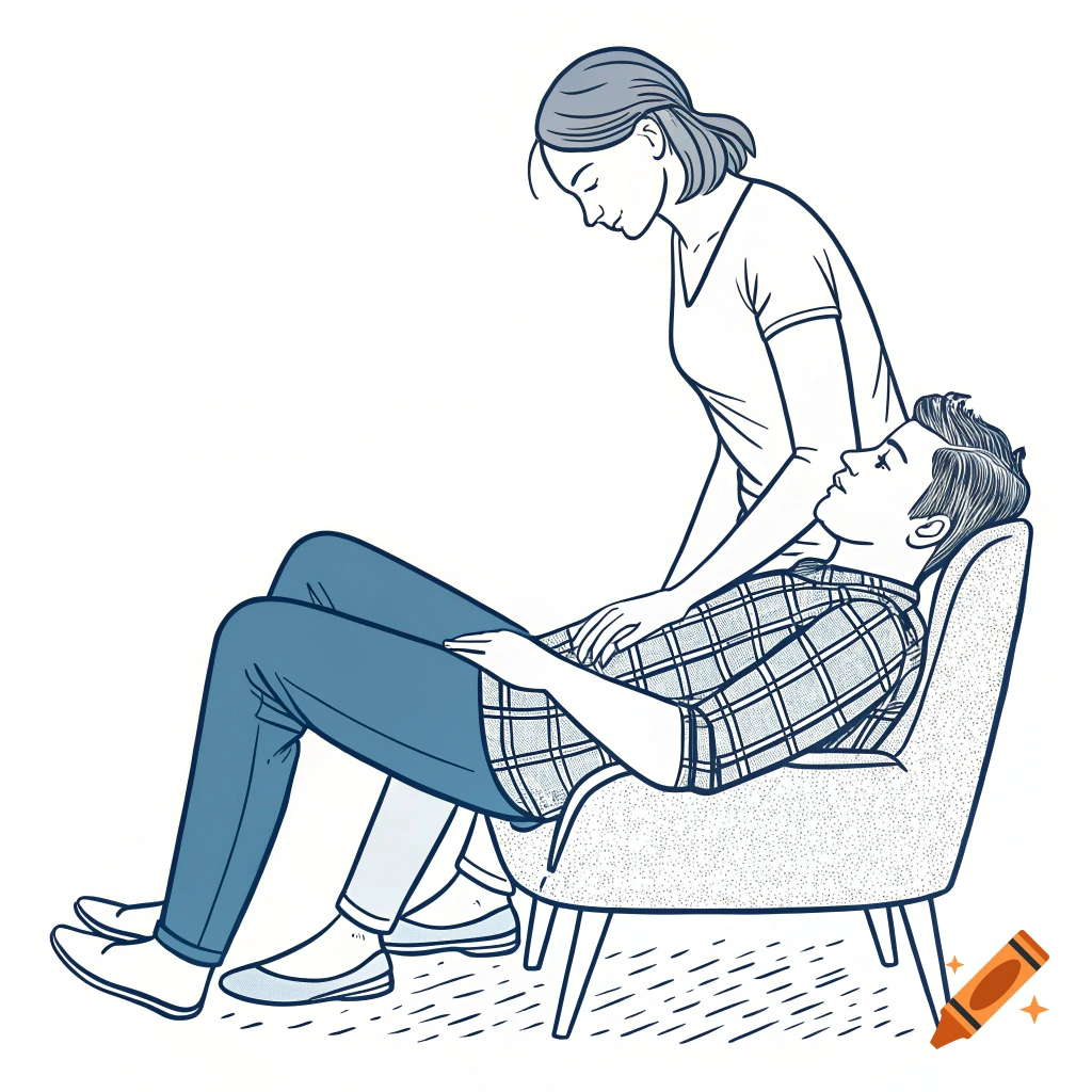 Outline drawing of a woman seated with a man lying across her lap on Craiyon
