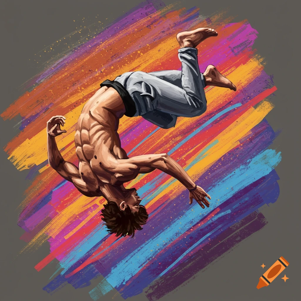 Cartoon man in red shirt and jeans doing a backflip against a blue sky ...