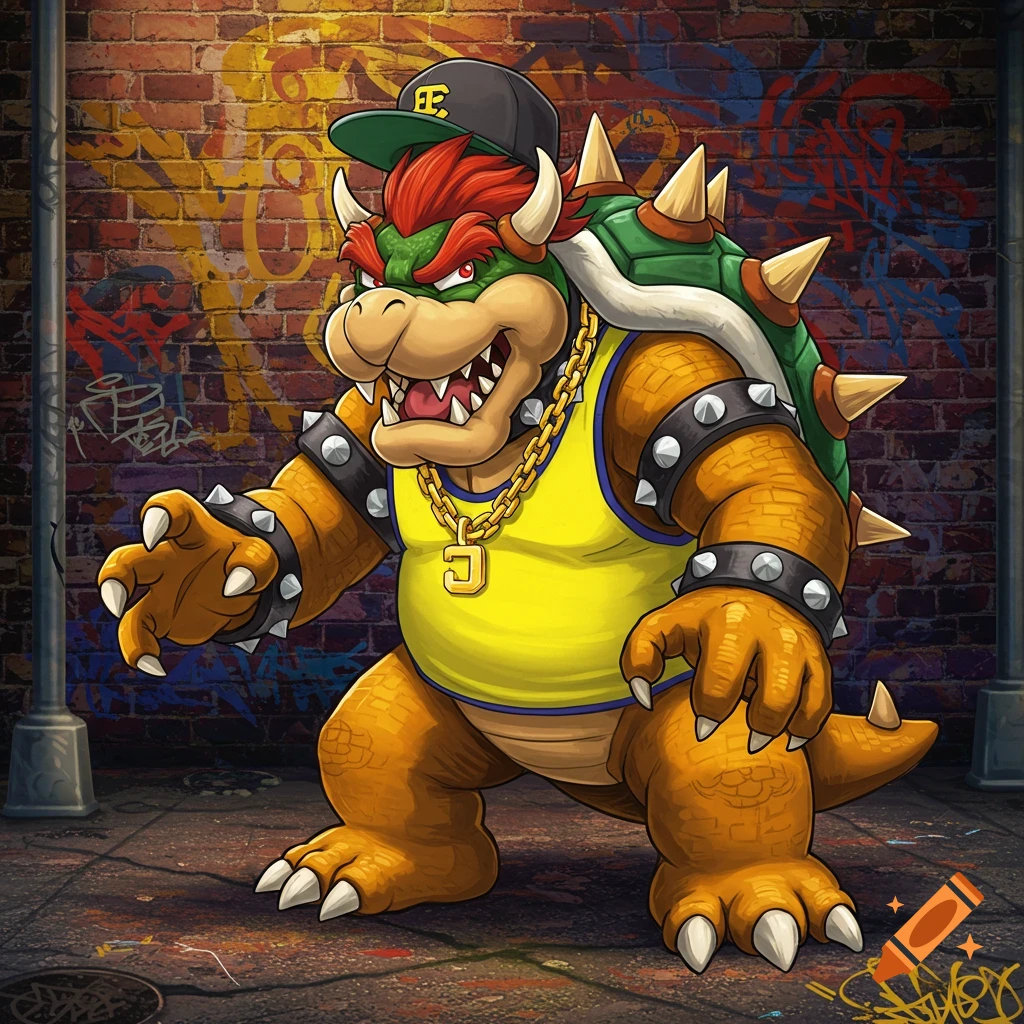 Bowser from Super Mario stands dramatically against a fiery, stormy ...