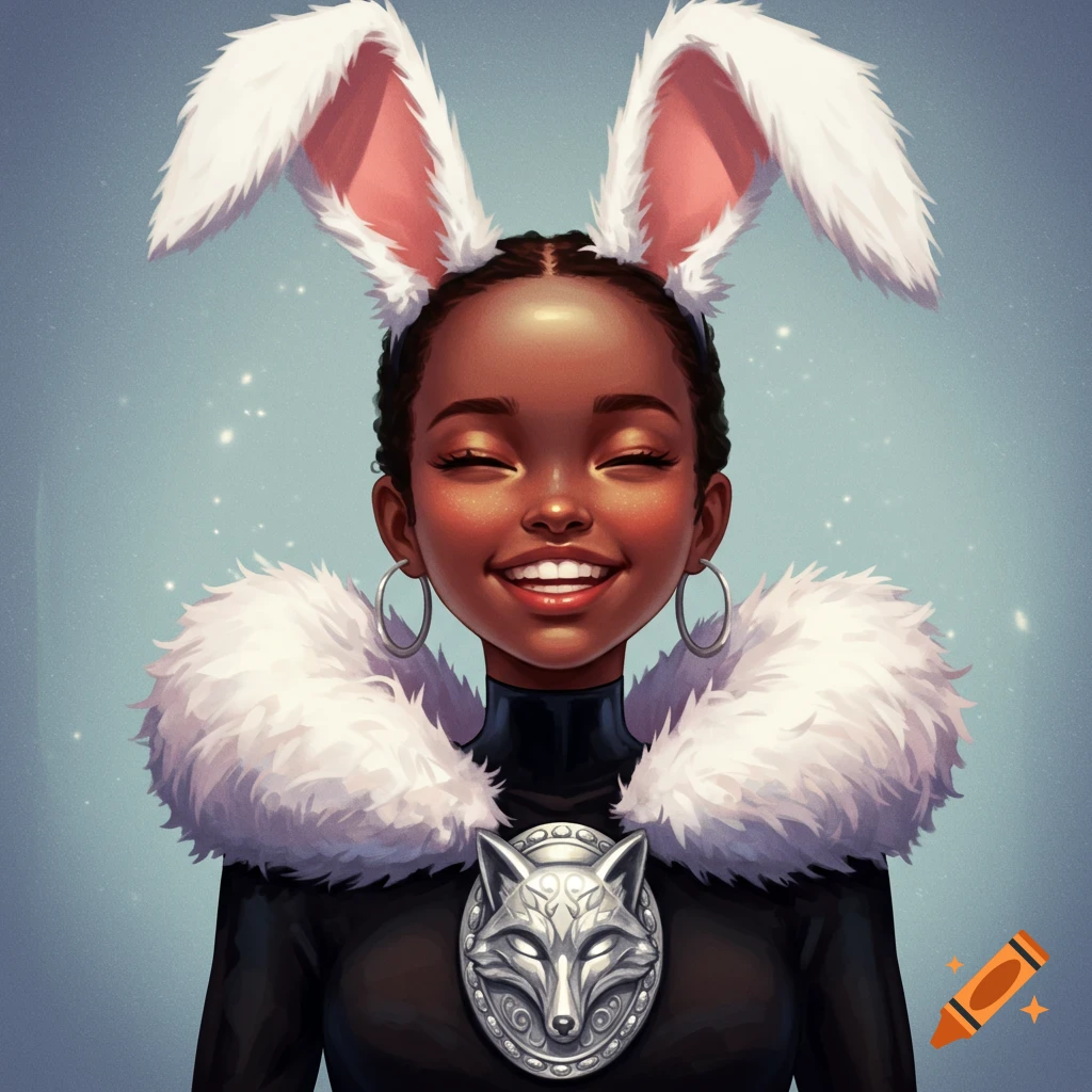 Black girl with white rabbit ears and silver fox Concho jewelry item. on Craiyon