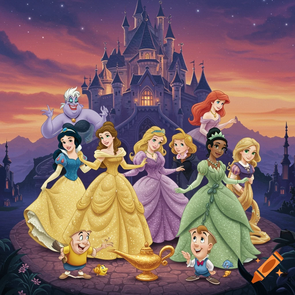 Disney princesses poster with castle and genie lamp on Craiyon