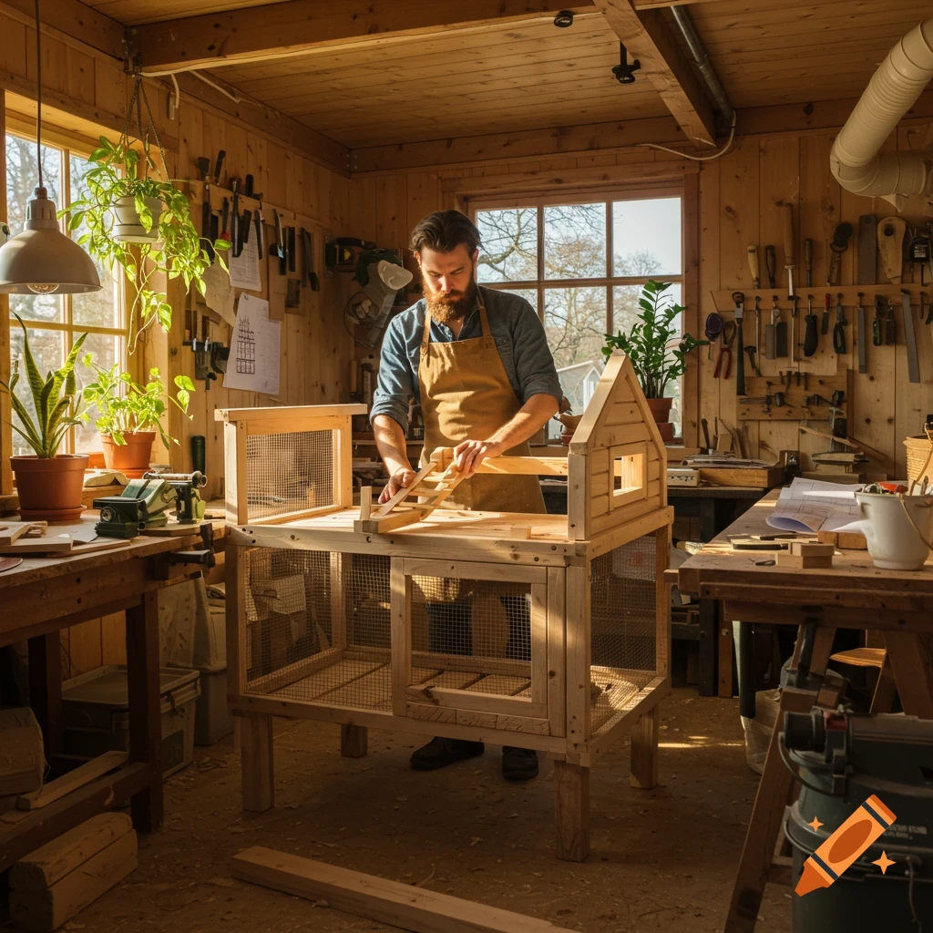 Artisan crafting a wooden chicken coop in a sunlit workshop on Craiyon