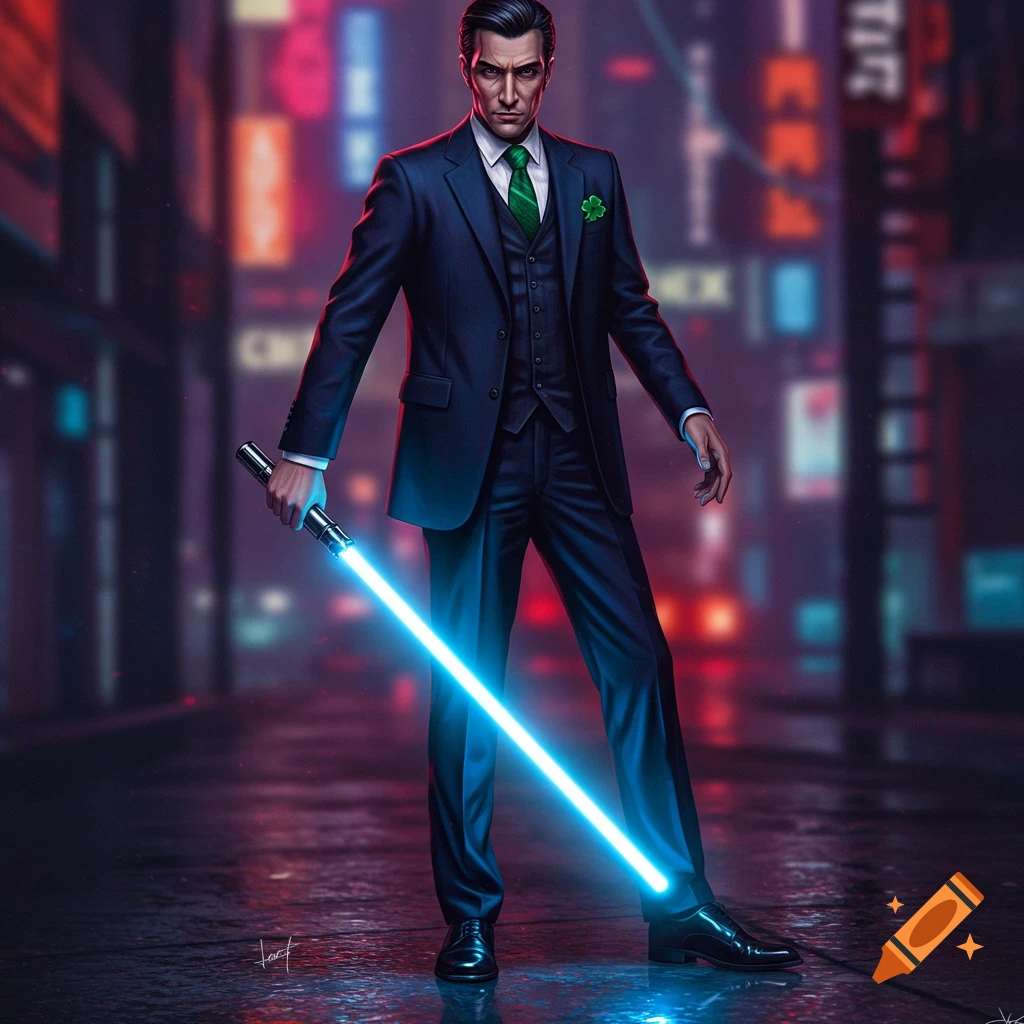 Sci-fi secret agent in suit with lightsaber and clover on Craiyon