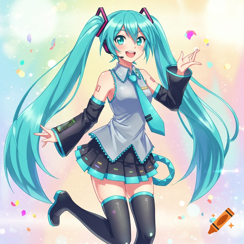 Anime character Hatsune Miku smiling with arms wide open against a ...