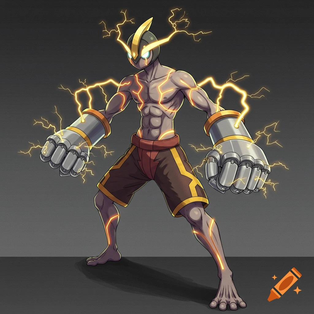 A muscular, humanoid figure with metallic gauntlets and glowing energy ...