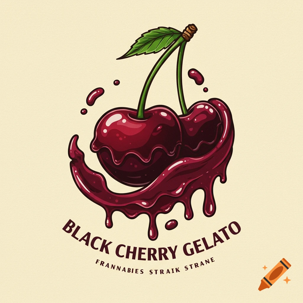 Logo illustration of two cherries dripping with black cherry syrup and text 'BLACK CHERRY GELATO ...