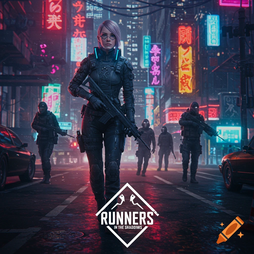 Cyberpunk runner in tactical suit with squad in futuristic cityscape on ...