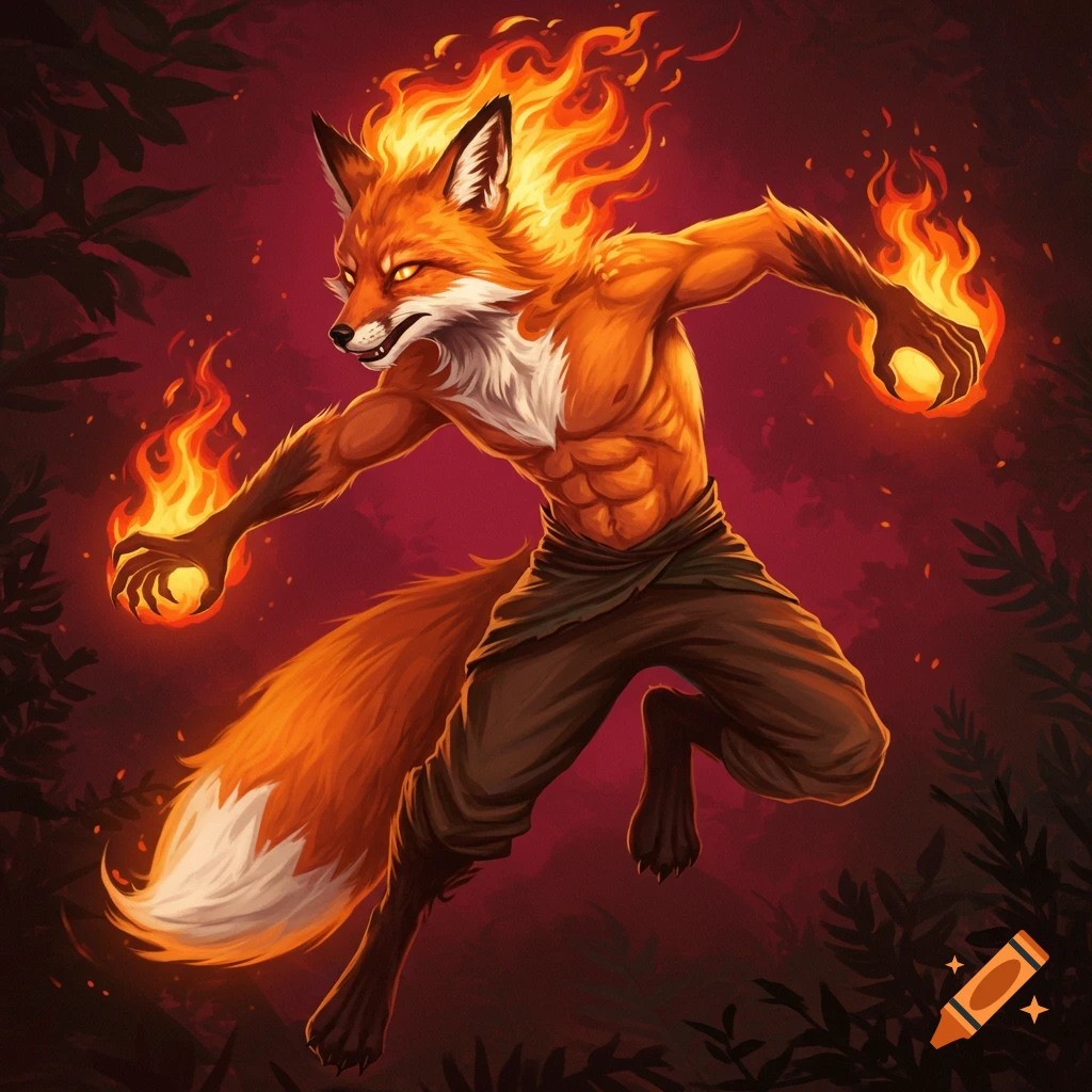 A fire elemental creature, half fox half human, leaping with fire in ...
