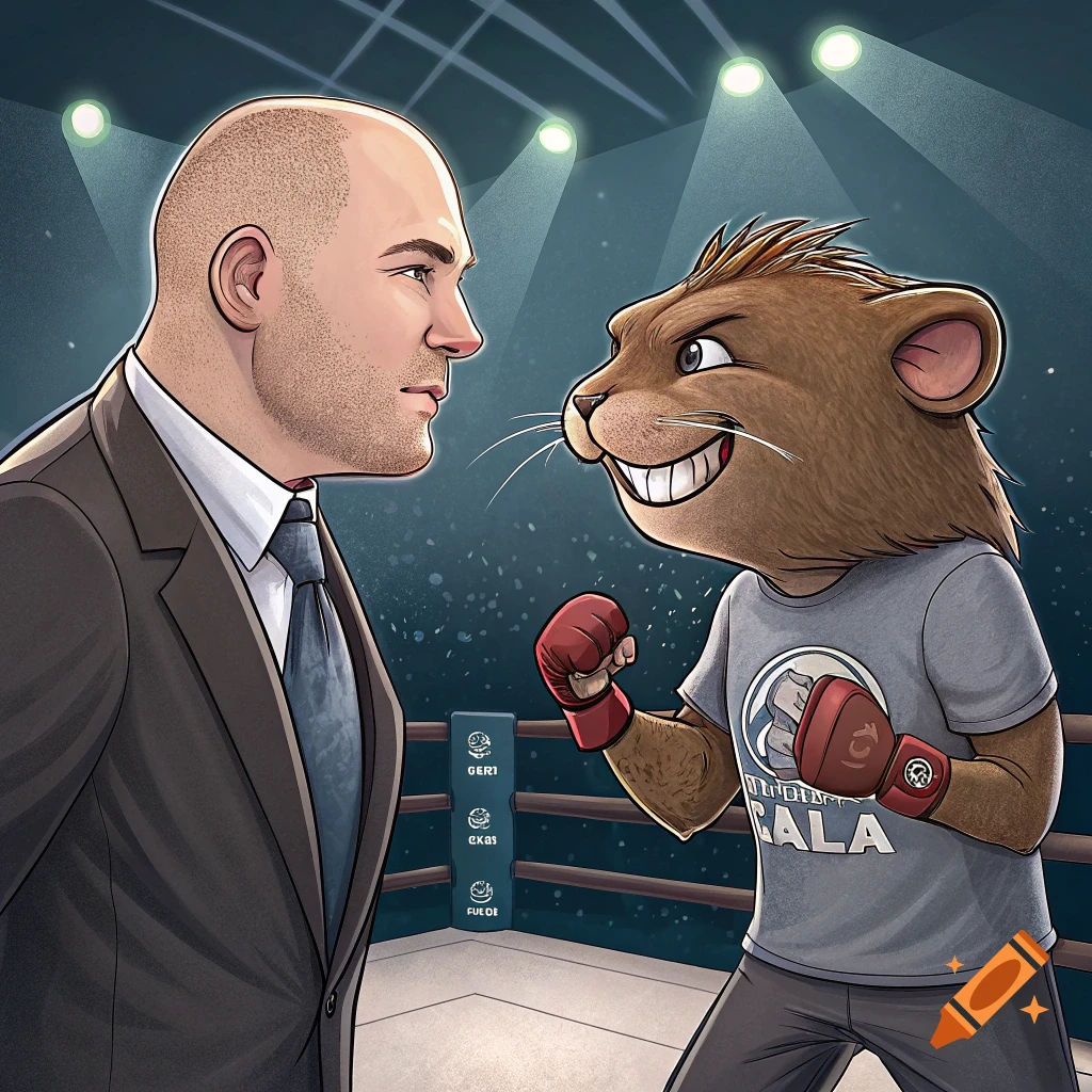 Illustration of a man in a suit facing a cartoon beaver in boxing gear ...